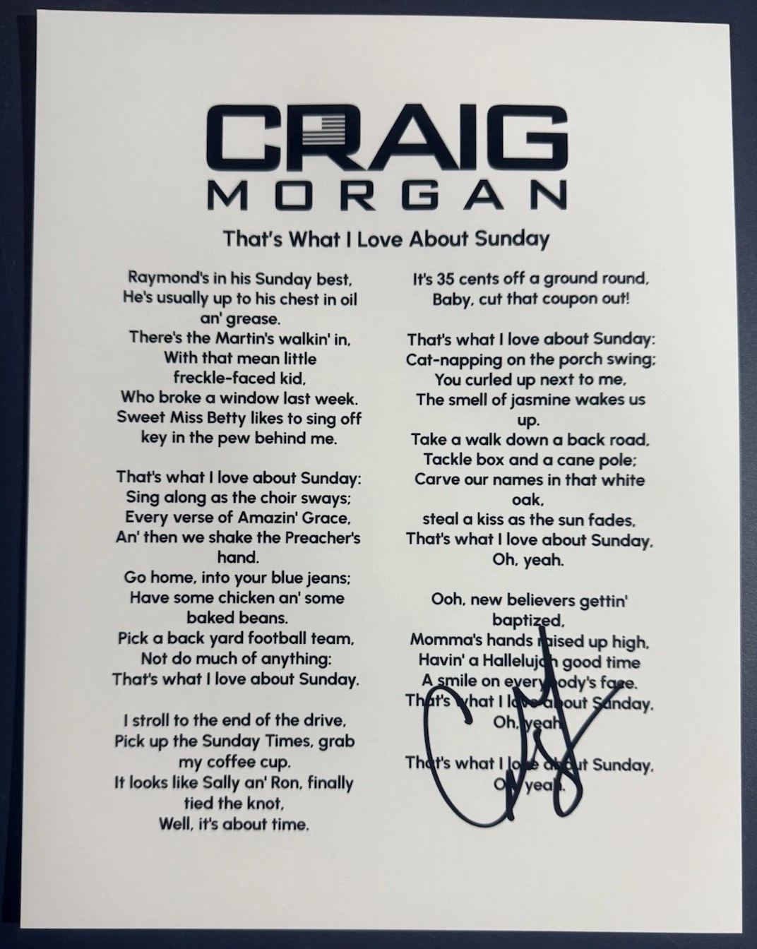 CRAIG MORGAN SIGNED LYRIC SHEET THAT’S WHAT I LOVE ABOUT SUNDAY ...