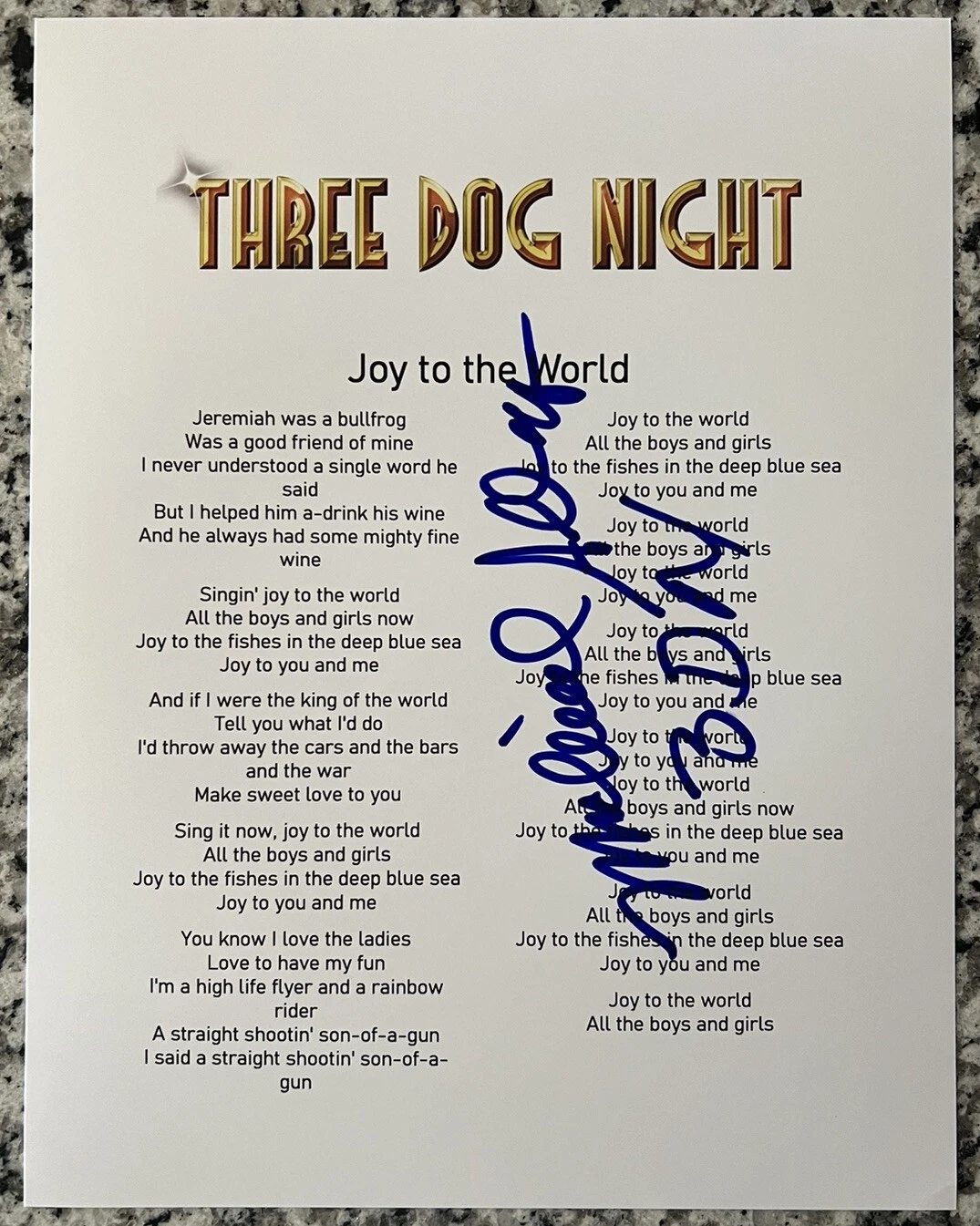 MICHAEL ALLSUP SIGNED LYRIC SHEET THREE DOG NIGHT JOY TO THE WORLD ...
