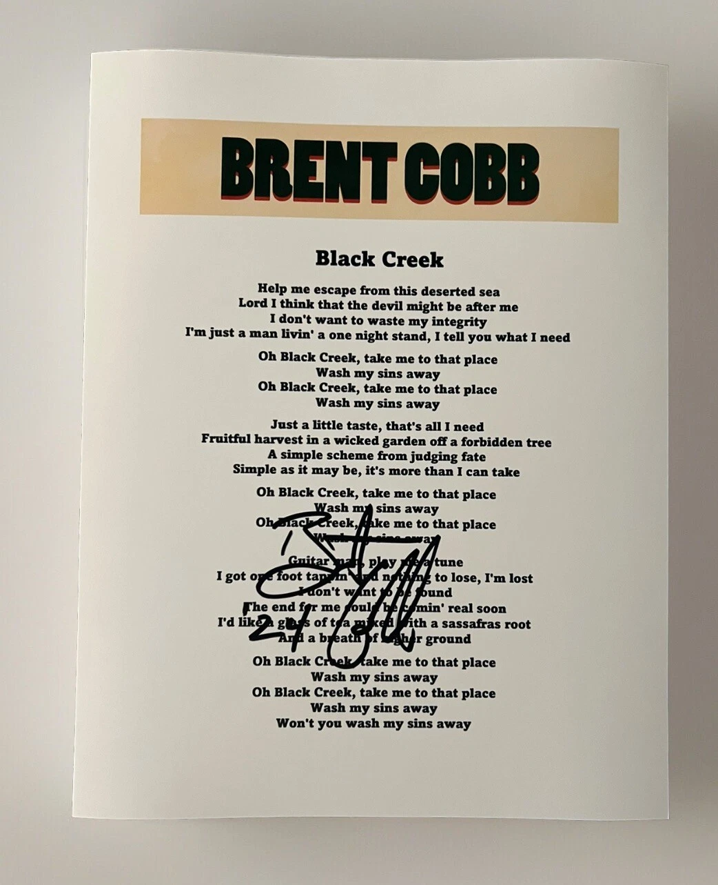 BRENT COBB SIGNED LYRIC SHEET BLACK CREEK COUNTRY SINGER AUTHENTIC ...