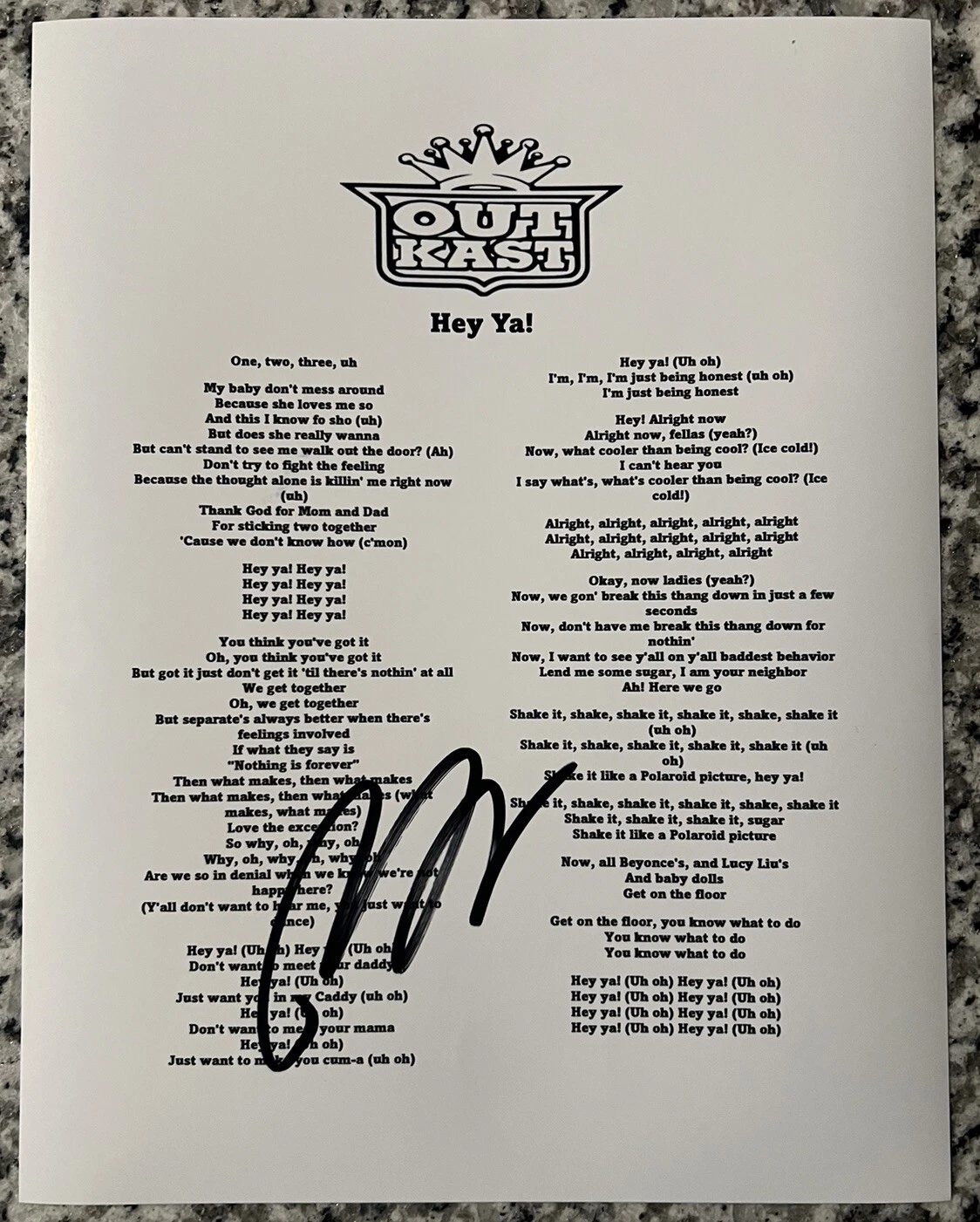 BIG BOI SIGNED LYRIC SHEET HEY YA! OUTKAST RAPPER AUTOGRAPH AUTHENTIC ...