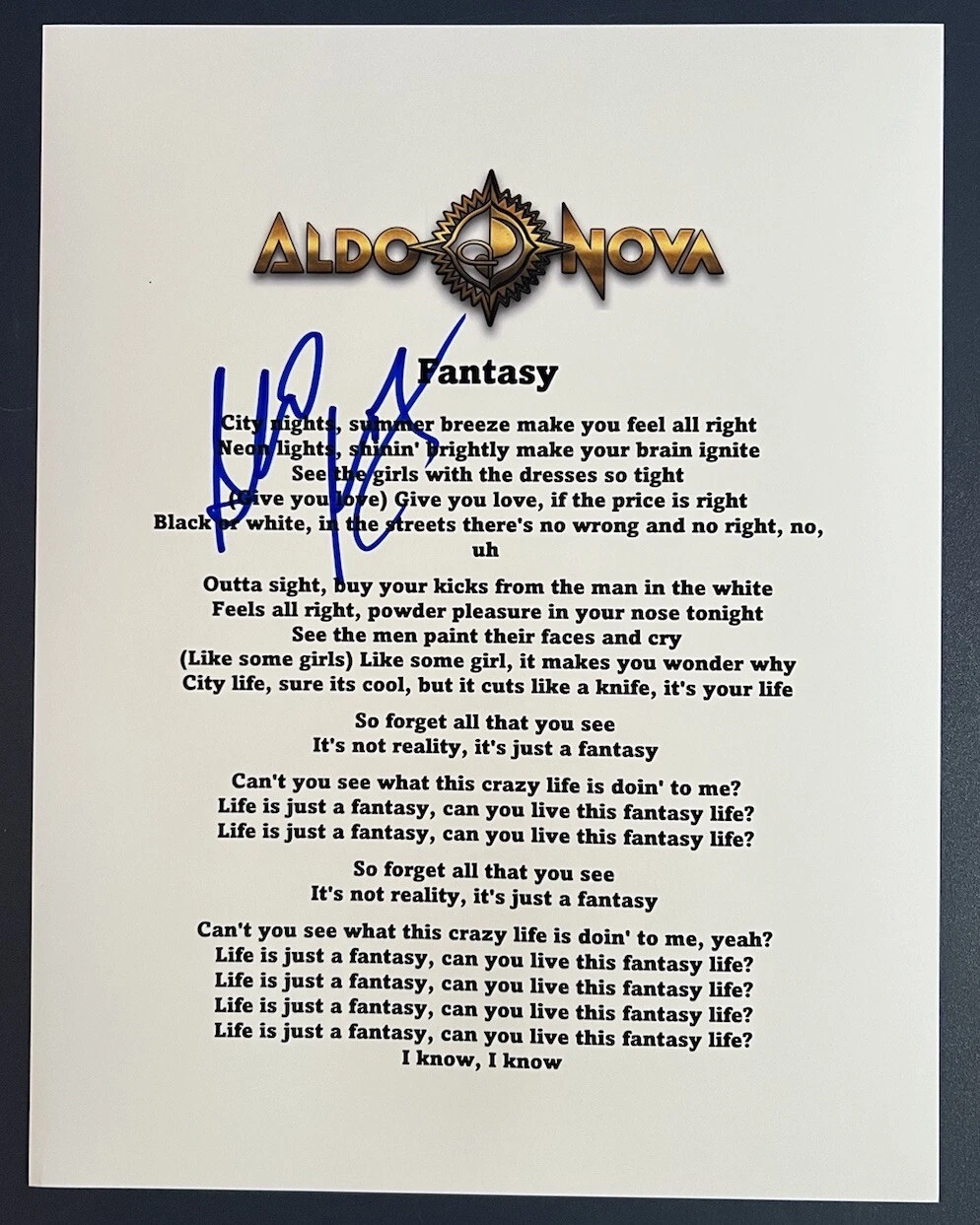ALDO NOVA SIGNED LYRIC SHEET FANTASY ROCK SINGER AUTOGRAPH AUTHENTIC ...
