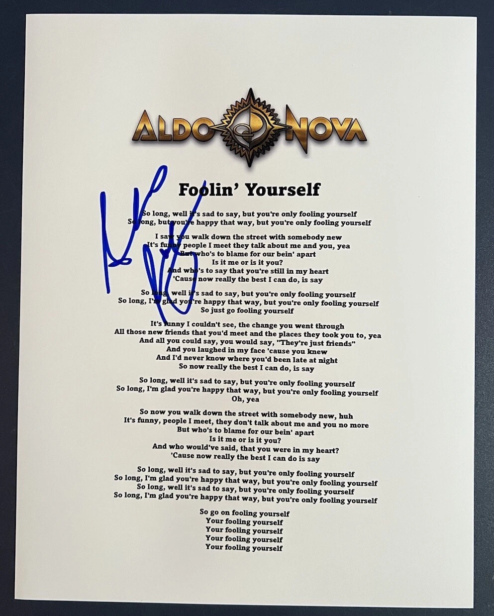 ALDO NOVA SIGNED LYRIC SHEET FOOLIN YOURSELF ROCK SINGER AUTOGRAPH ...