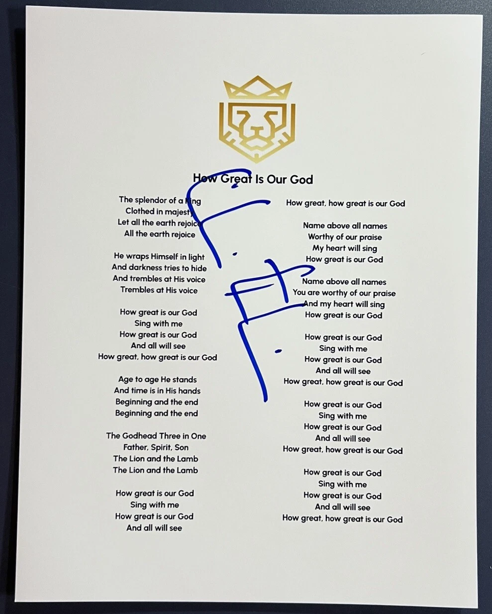 CHRIS TOMLIN SIGNED HOW GREAT IS OUR GOD LYRIC SHEET SINGER AUTOGRAPH ...