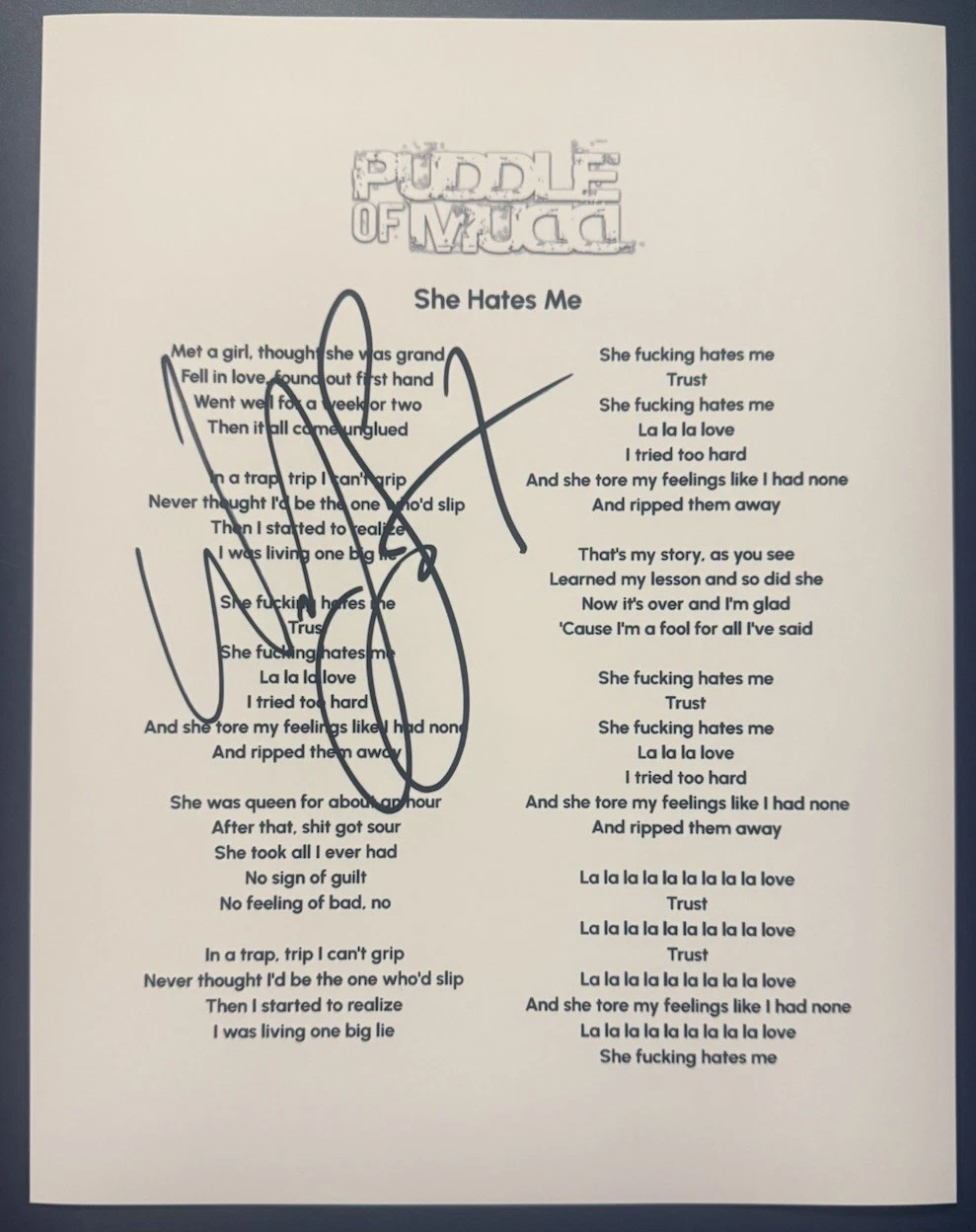 WESLEY SCANTLIN SIGNED LYRIC SHEET SHE HATES ME LEAD SINGER AUTOGRAPH ...
