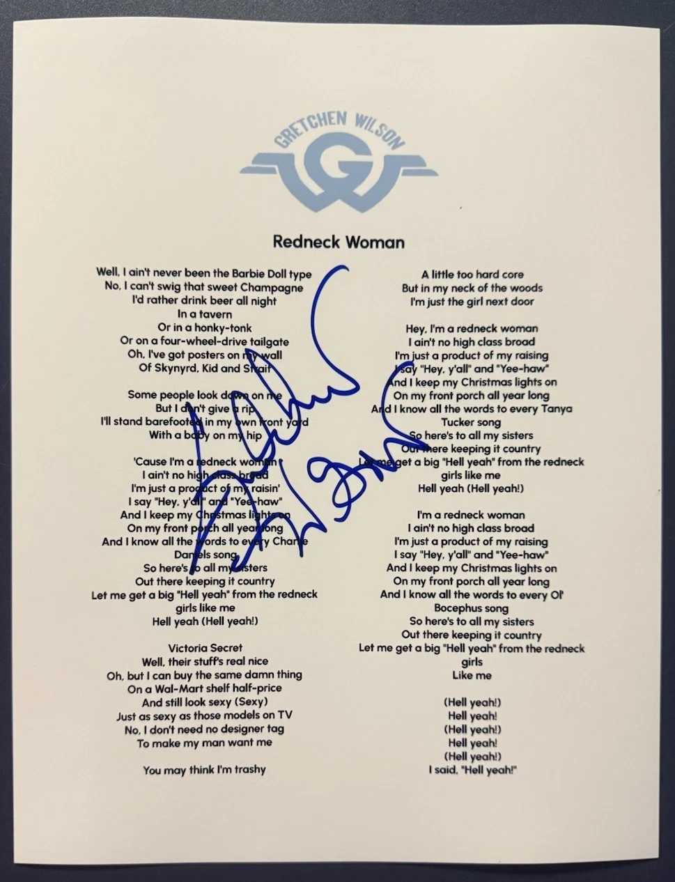 GRETCHEN WILSON SIGNED LYRIC SHEET REDNECK WOMAN AUTHENTIC AUTOGRAPH ...