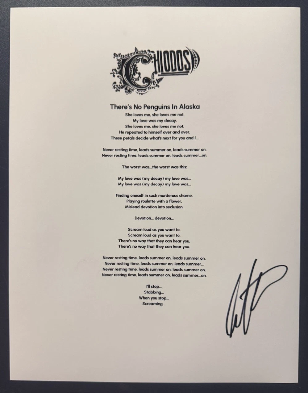 CRAIG OWENS SIGNED LYRIC SHEET CHIODOS LEAD SINGER AUTHENTIC AUTOGRAPH ...
