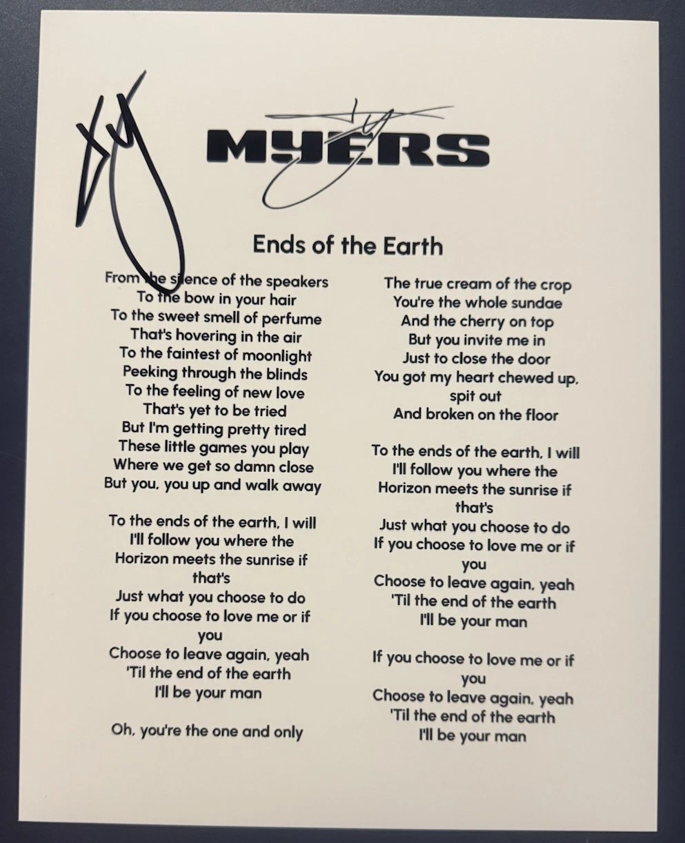 TY MYERS SIGNED LYRIC SHEET COUNTRY SINGER ENDS OF THE EARTH AUTOGRAPH ...