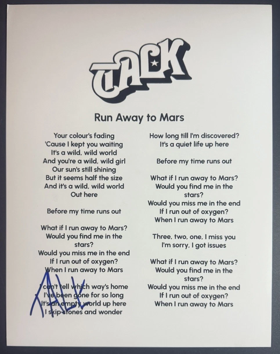 TALK SIGNED LYRIC SHEET SINGER RUN AWAY TO MARS NICHOLAS DUROCHER ...