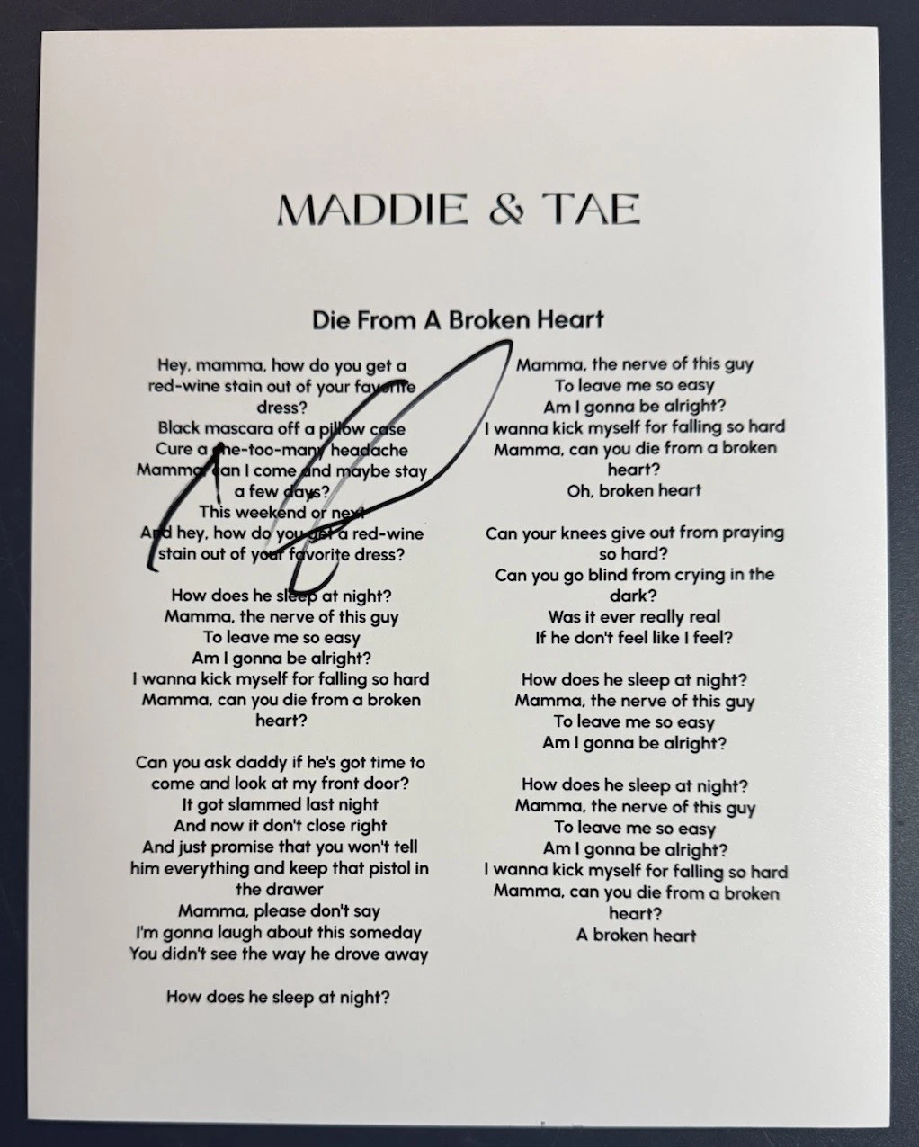 MADDIE MARLOW SIGNED LYRIC SHEET MADDIE & TAE SINGER AUTOGRAPH ...