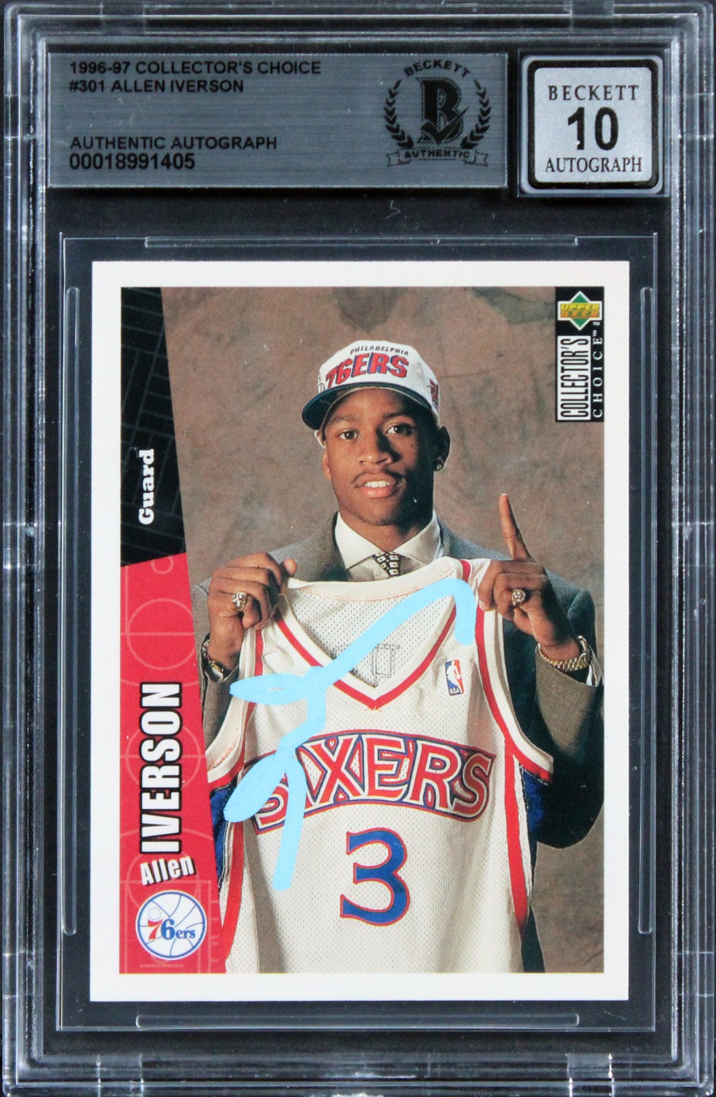76ers Allen Iverson Signed 1996 Collectors Choice #301 RC Card Auto 10 ...