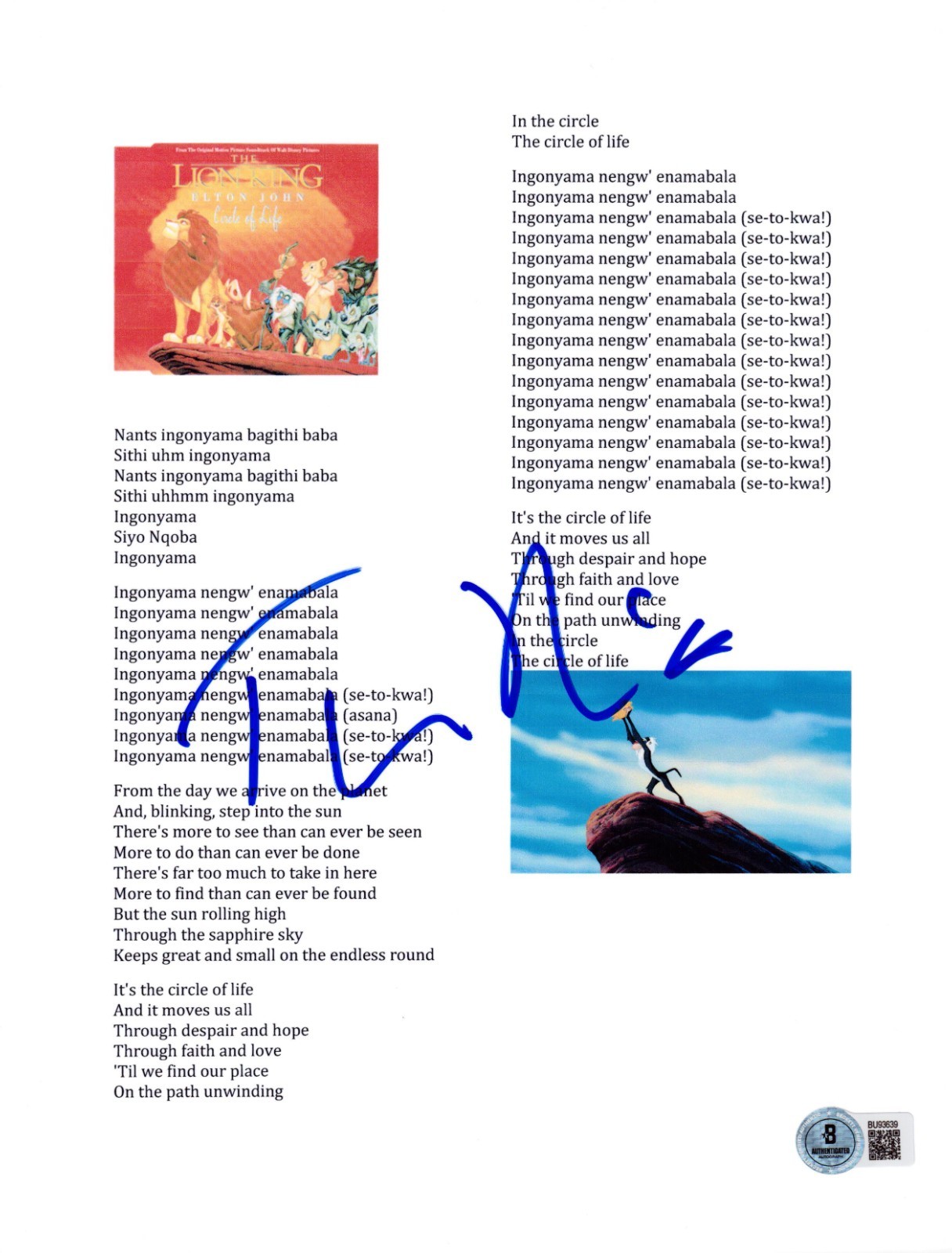 Tim Rice Signed Circle of Life Lyric Sheet The Lion King Autograph ...