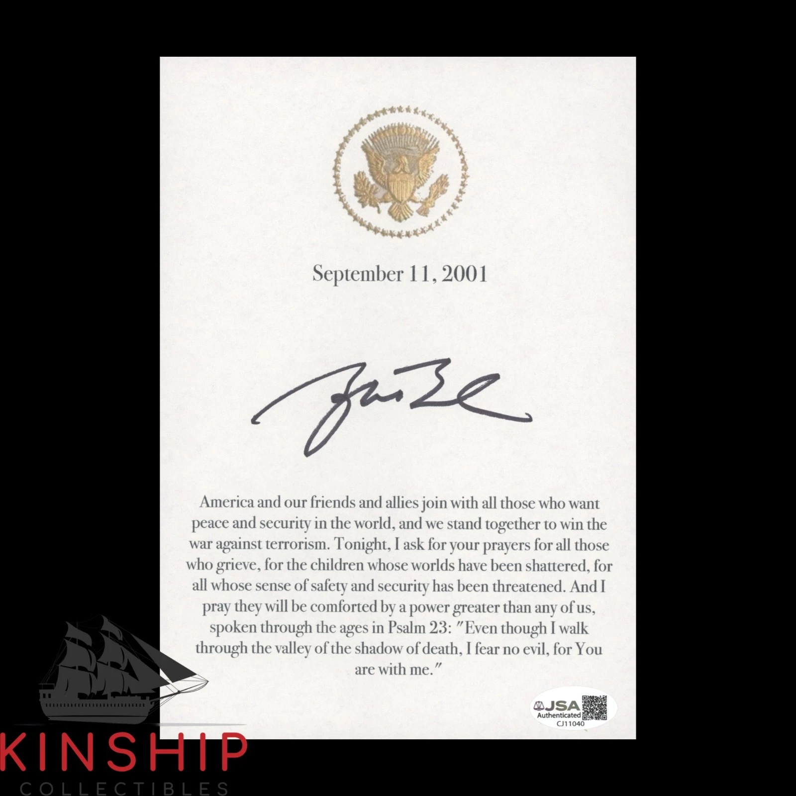 President George W Bush signed September 11th Print JSA COA Rare Bold ...