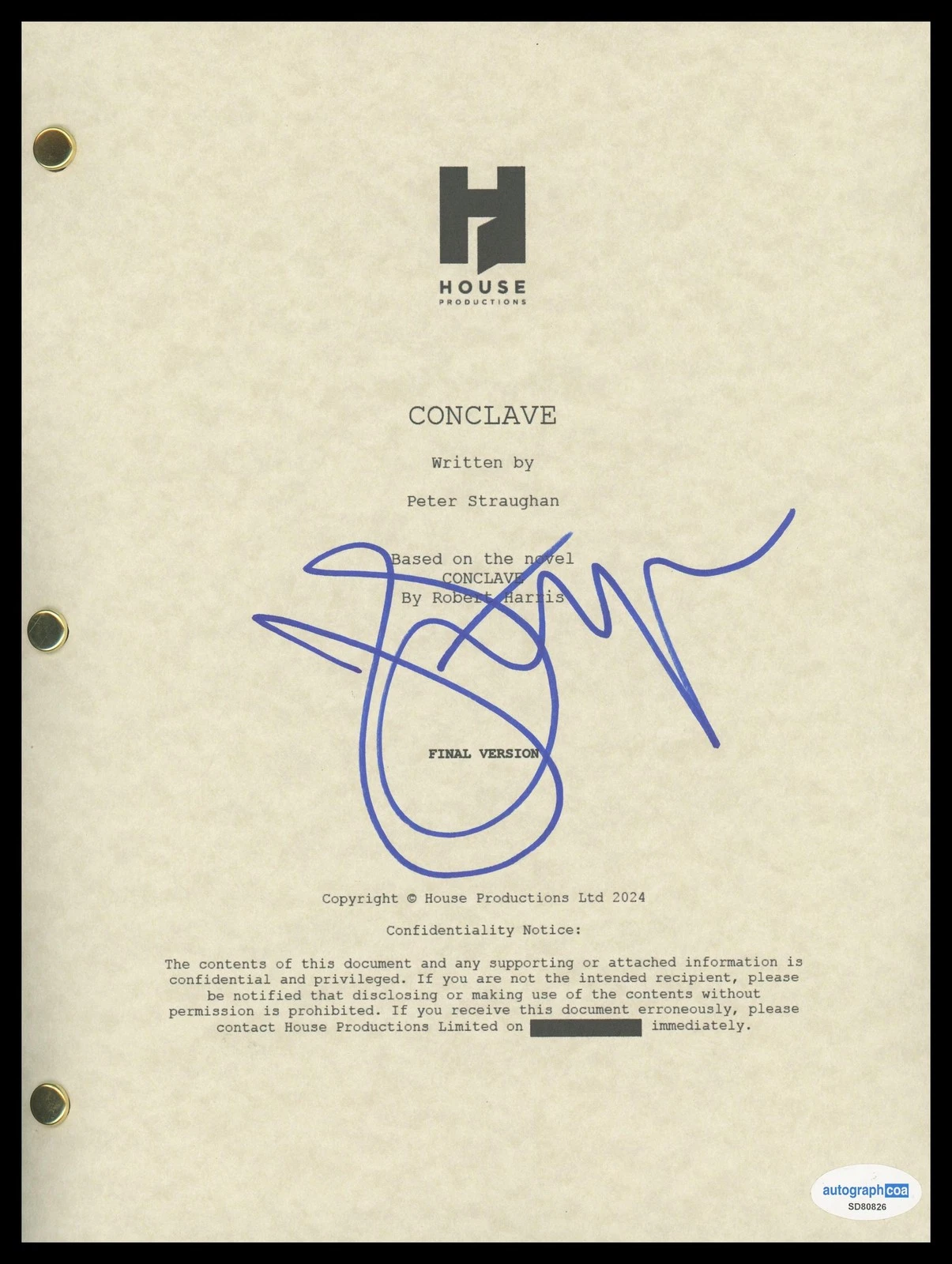John Lithgow "Conclave" AUTOGRAPH Signed Full Complete Script ...