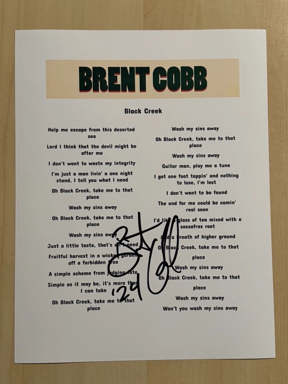 BRENT COBB SIGNED LYRIC SHEET AUTOGRAPHED COUNTRY SINGER STAR VERY RARE ...