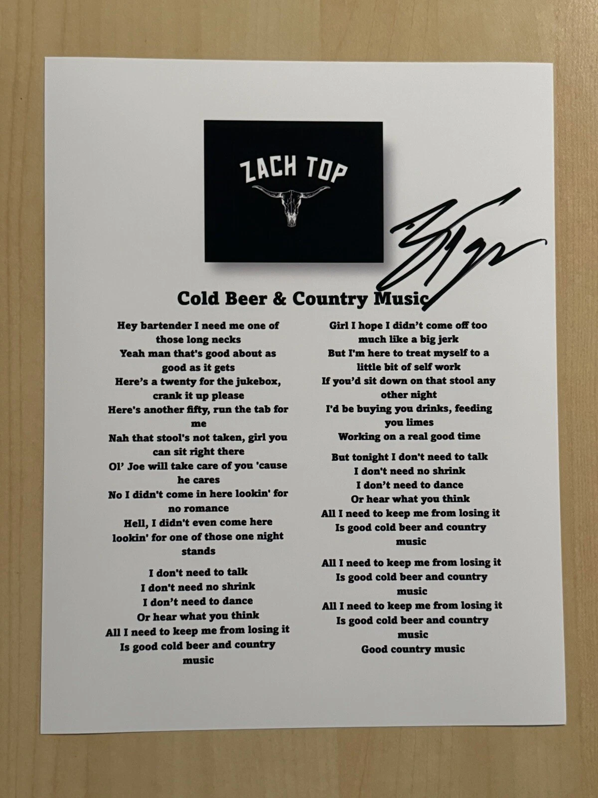 ZACH TOP SIGNED LYRIC SHEET AUTOGRAPHED COUNTRY SINGER STAR VERY RARE ...