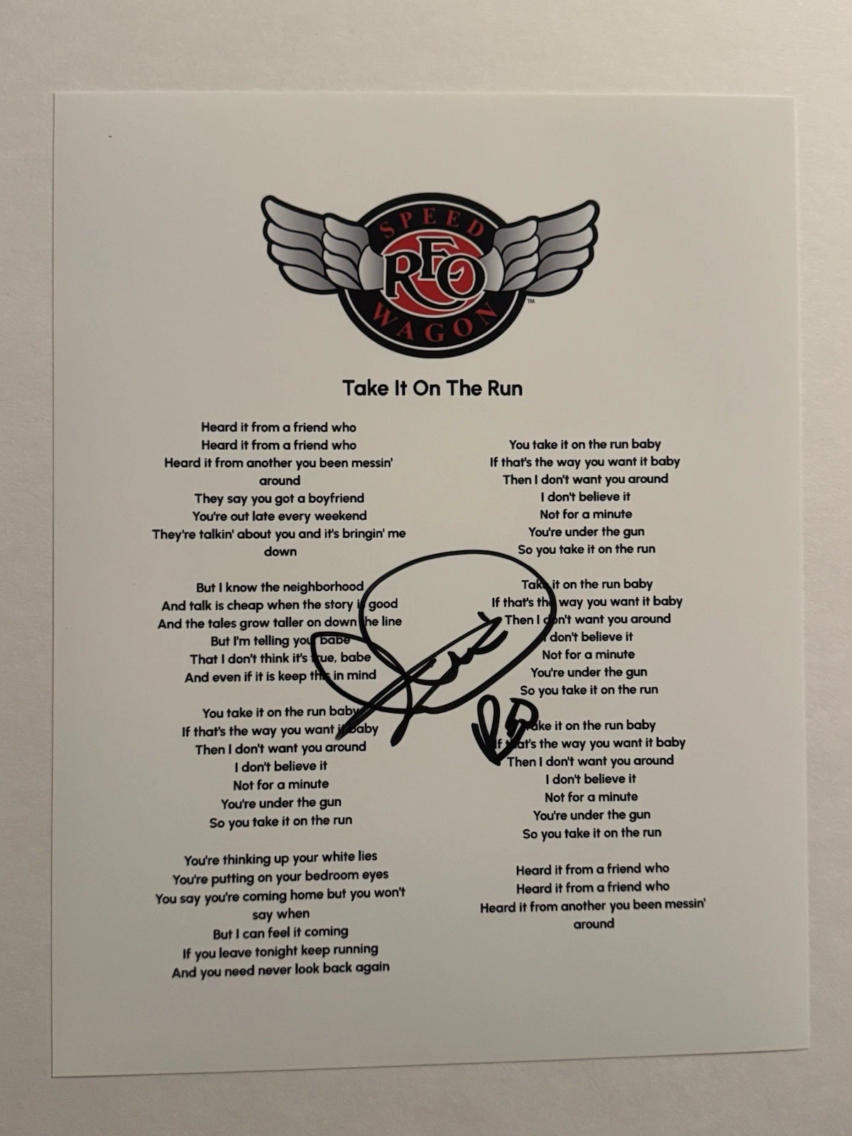 KEVIN CRONIN SIGNED LYRIC SHEET AUTOGRAPHED REO SPEEDWAGON BAND LEAD ...