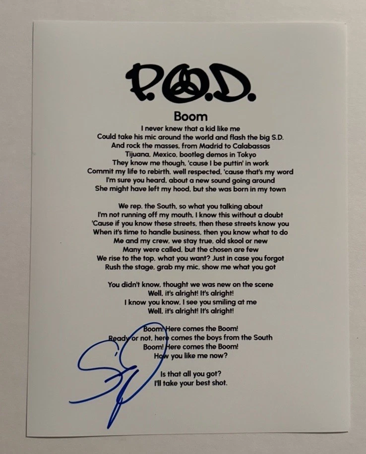 SONNY SANDOVAL P.O.D BAND LEAD SINGER SIGNED LYRIC SHEET AUTOGRAPHED ...