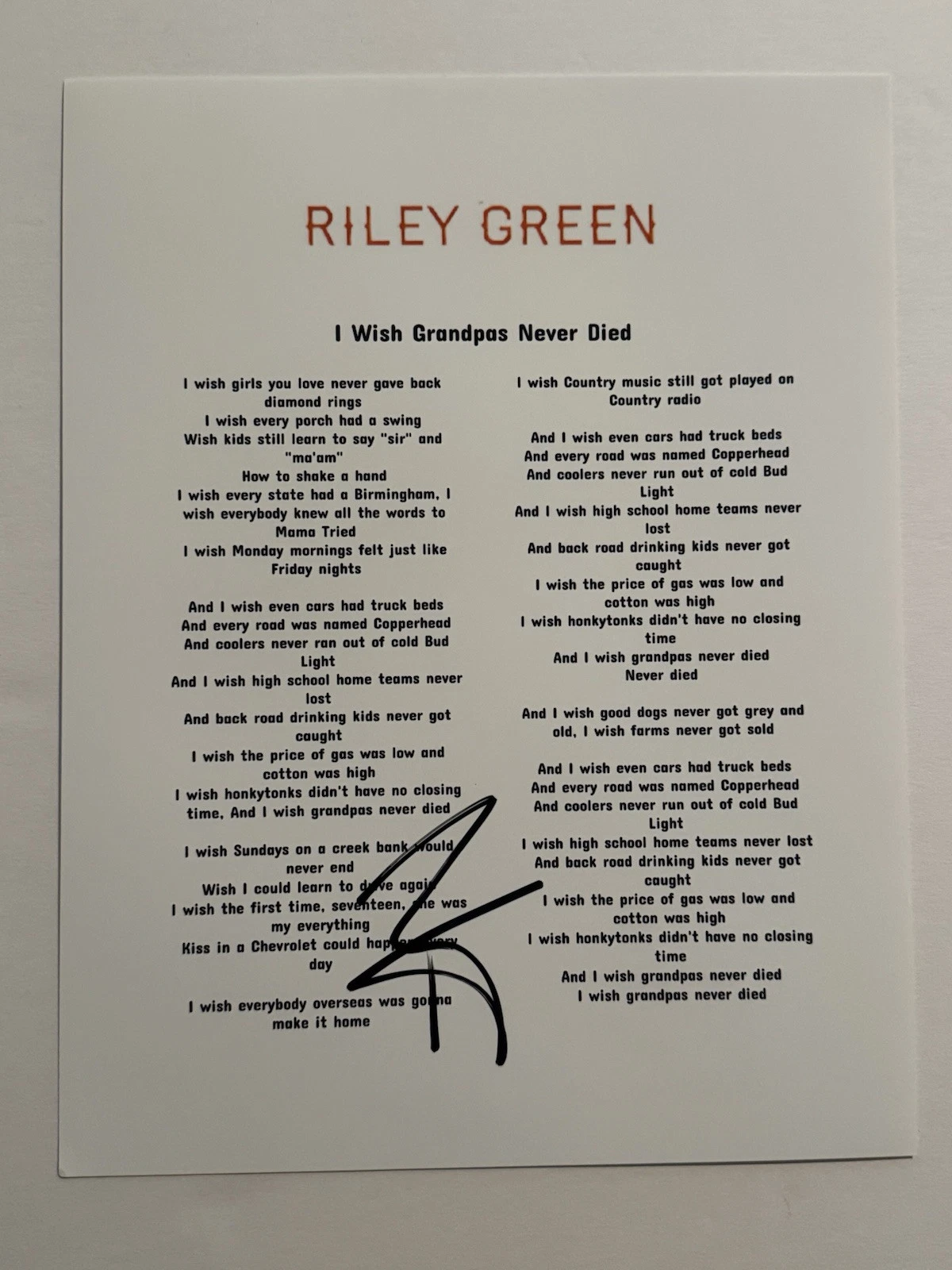 RILEY GREEN SIGNED LYRIC SHEET AUTOGRAPHED HOT COUNTRY SINGER STAR RARE ...