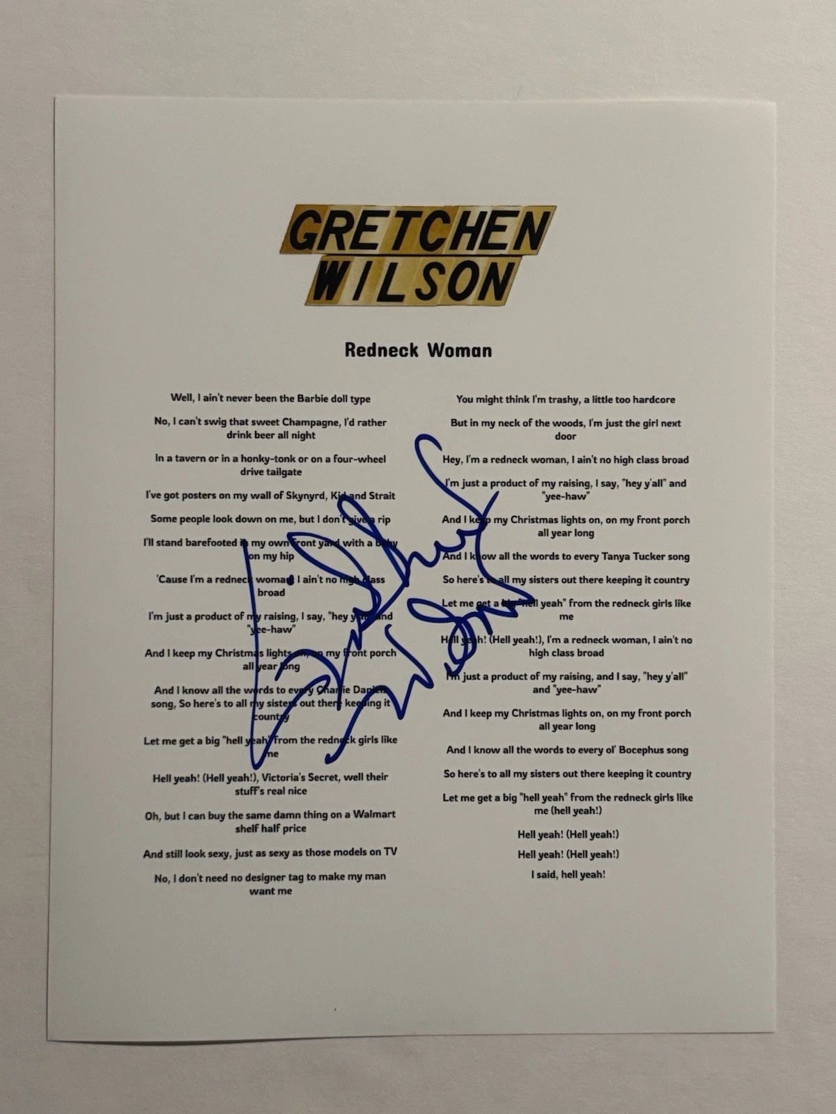 GRETCHEN WILSON SIGNED LYRIC SHEET AUTOGRAPHED HOT COUNTRY SINGER STAR ...