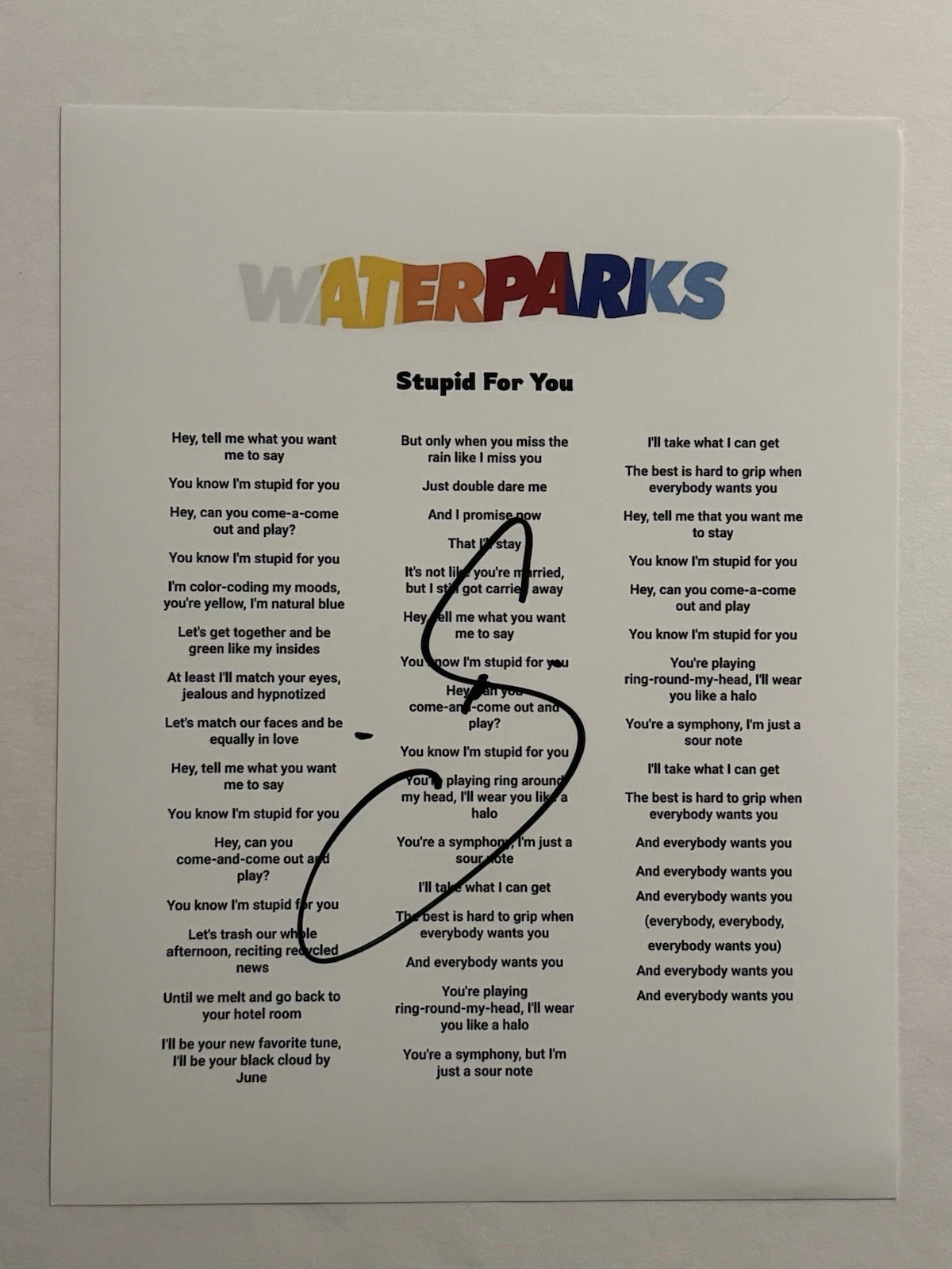 AWSTEN KNIGHT SIGNED LYRIC SHEET AUTOGRAPHED WATERPARKS BAND LEAD ...