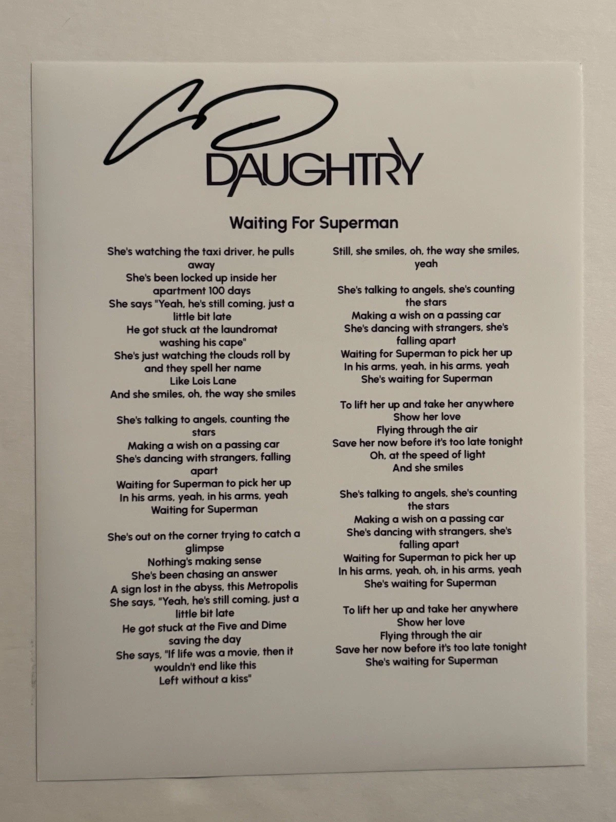 CHRIS DAUGHTRY HAND SIGNED LYRIC SHEET AUTOGRAPHED DAUGHTRY BAND SINGER ...