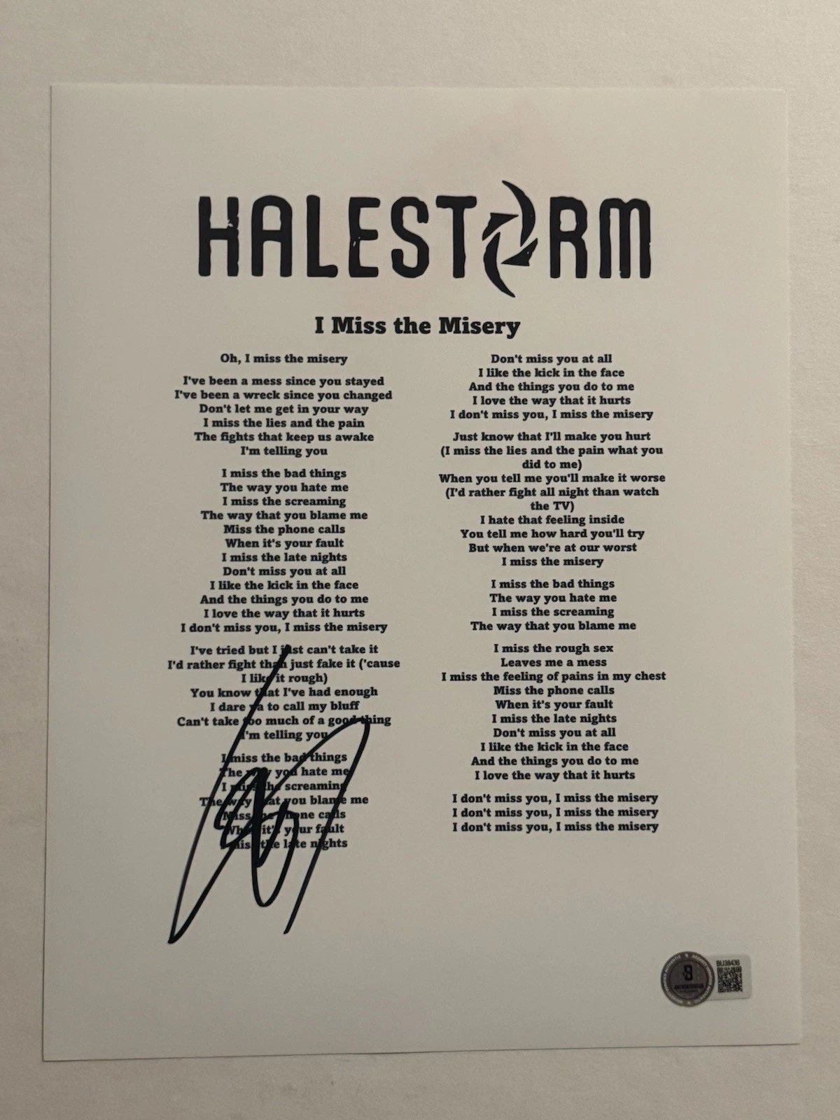 LZZY HALE SIGNED LYRIC SHEET AUTOGRAPHED HALESTORM BAND LEAD SINGER BAS ...