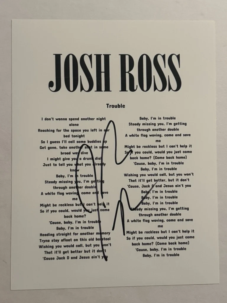 JOSH ROSS HAND SIGNED LYRIC SHEET AUTOGRAPHED COUNTRY SINGER RARE COA ...