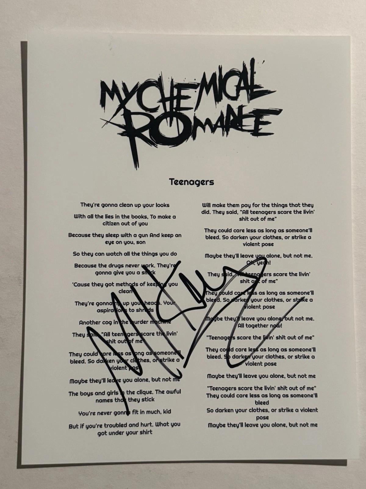 MIKEY WAY SIGNED LYRIC SHEET AUTOGRAPHED MY CHEMICAL ROMANCE MCR BAND ...