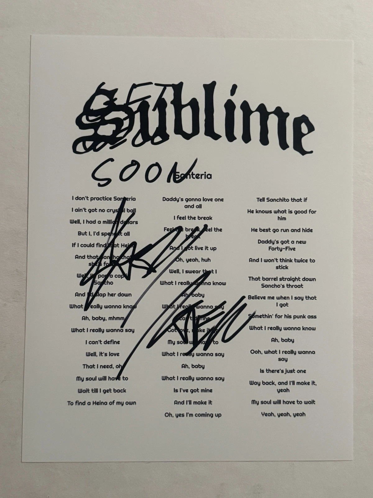 JAKOB NOWELL SIGNED LYRIC SHEET AUTOGRAPHED SUBLIME BAND LEAD SINGER ...