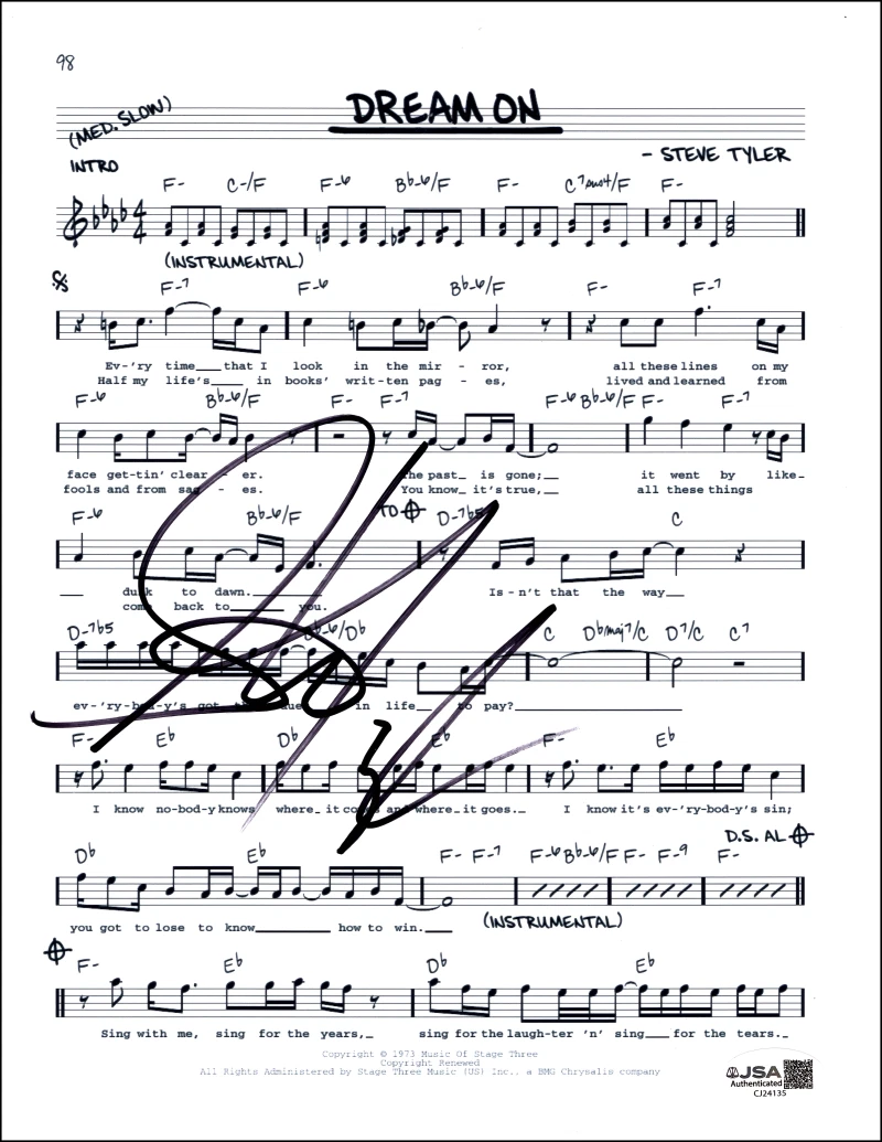Steven Tyler Aerosmith Signed Autograph Dream On Sheet Music w/ JSA COA ...