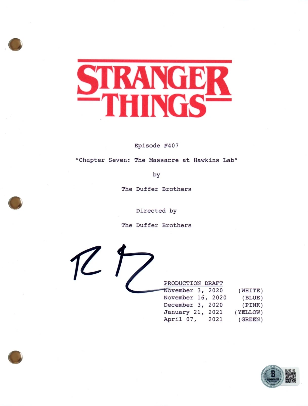 Ross Duffer "Stranger Things" Signed Autograph Full Episode 407 Script ...