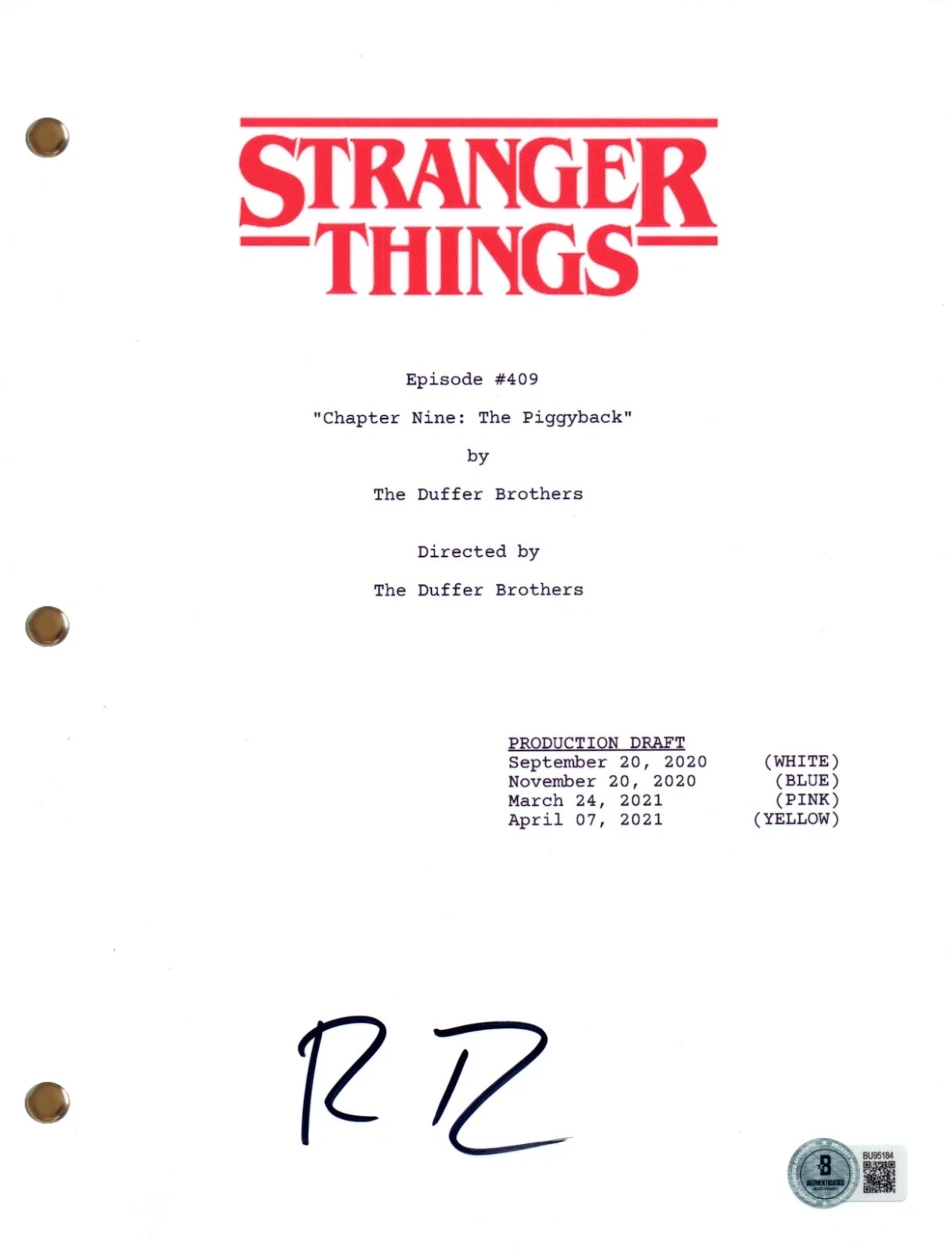 Ross Duffer "Stranger Things" Signed Autograph The Piggyback Script ...