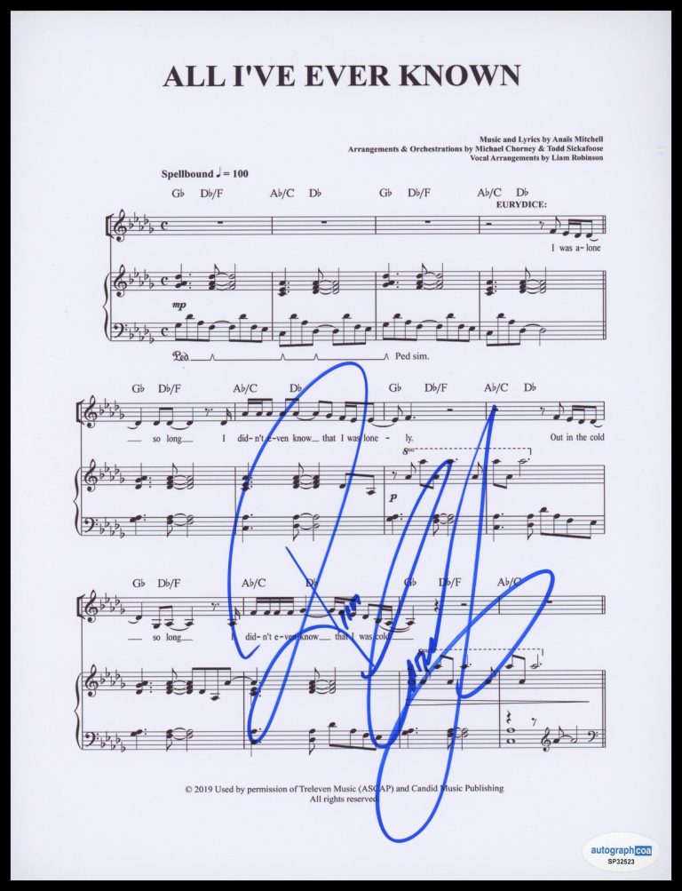 Reeve Carney "Hadestown" AUTOGRAPH Signed All I've Ever Known Sheet ...