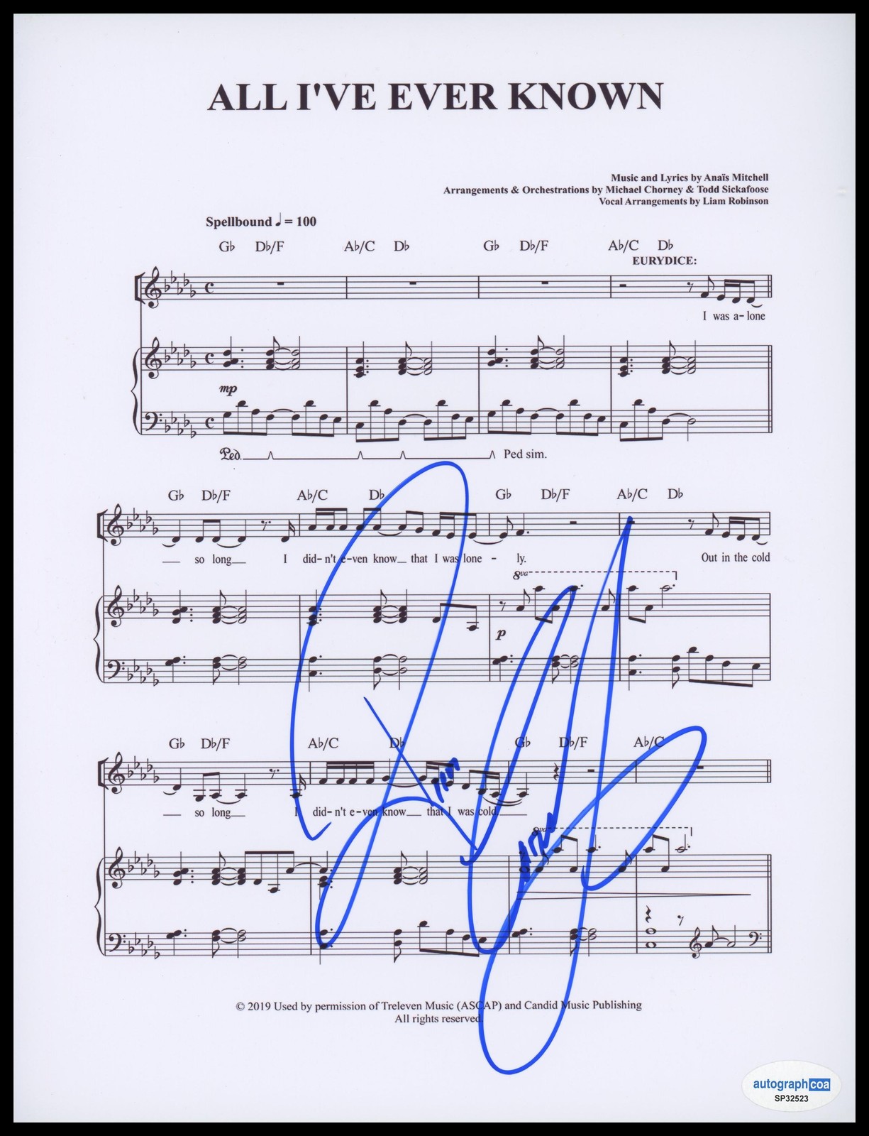 Reeve Carney "Hadestown" AUTOGRAPH Signed All I've Ever Known Sheet ...