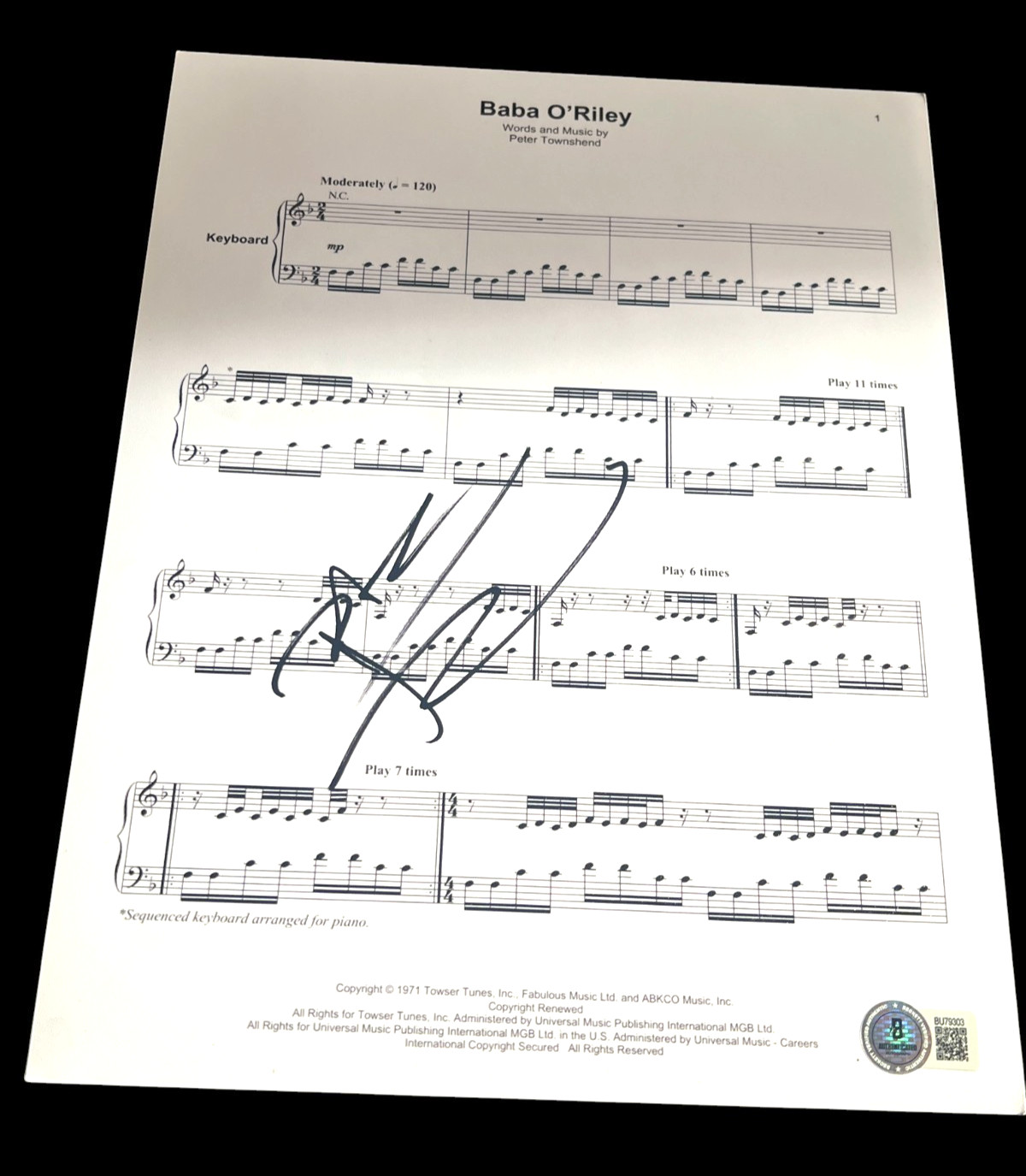 PETE TOWNSHEND SIGNED AUTOGRAPH SHEET MUSIC BABA O'RILEY THE WHO ...