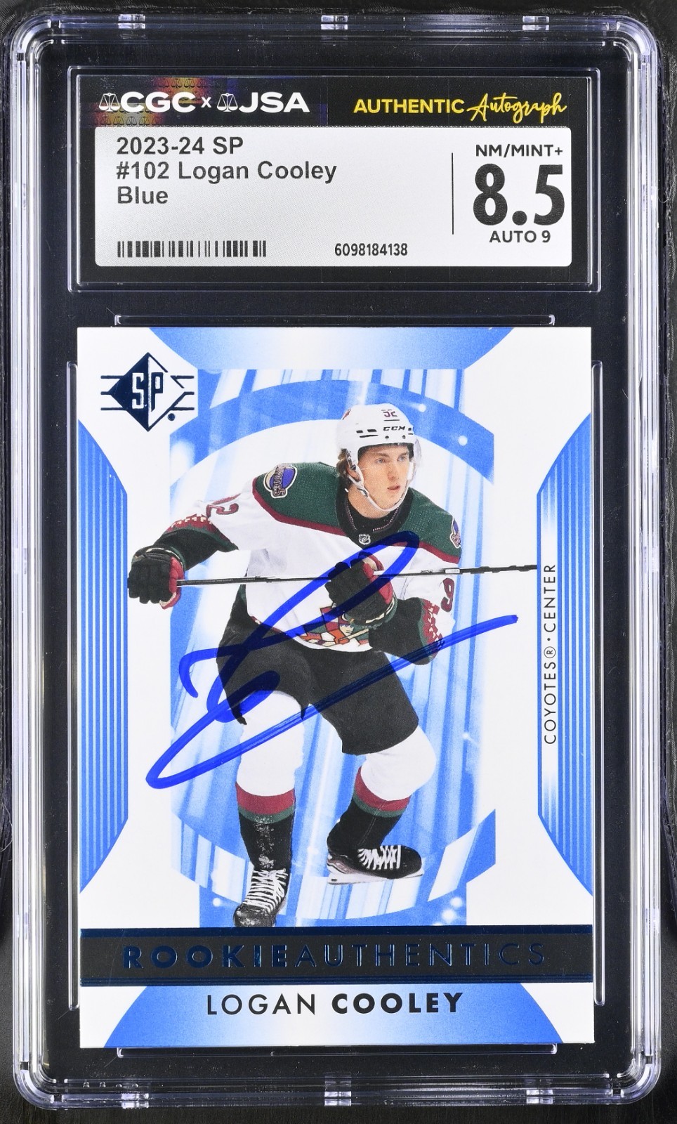 LOGAN COOLEY SIGNED 2023-24 SP BLUE ROOKIE CARD #102 CGC 8.5 JSA 9 AUTO ...