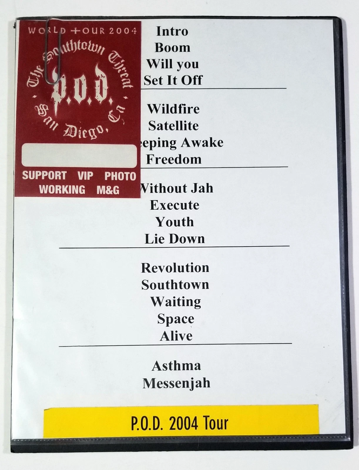 P.O.D. Concert Used Set-List from 2004 World Tour San Diego + Backstage ...