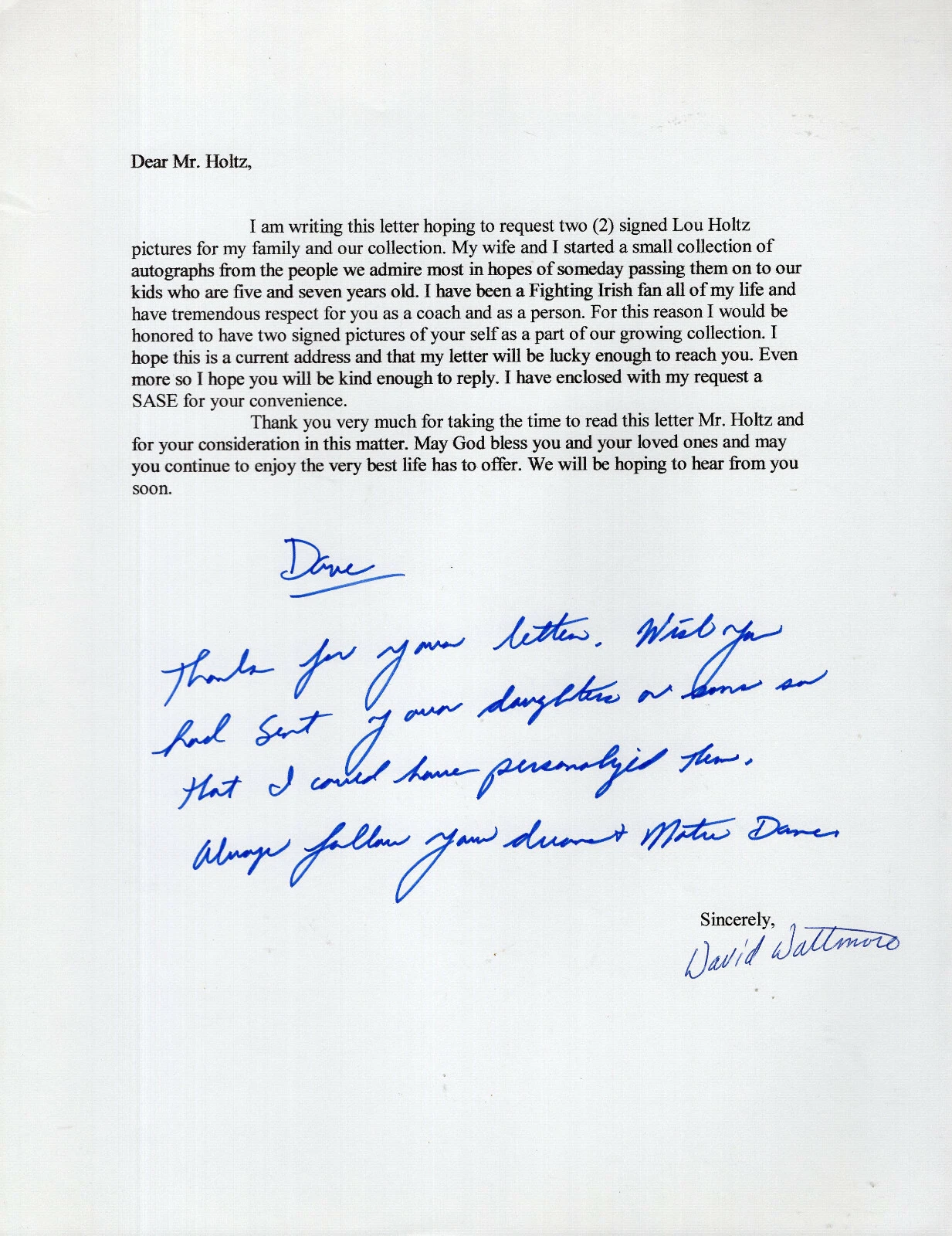 LOU HOLTZ HAND WRITTEN NOTE ON BOTTOM OF FAN LETTER NOTRE DAME FOOTBALL ...