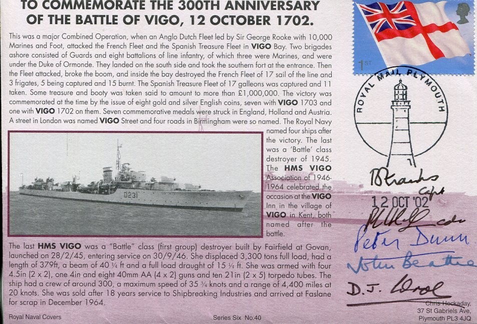 300th Anniversary Battle Of Vigo Bay HMS Vigo WWII War Crew Signed ...